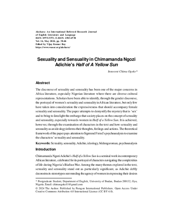 (PDF) Sexuality and Sensuality in Chimamanda Ngozi Adichie's Half of A Yellow Sun