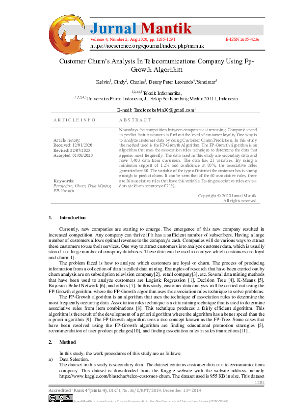 (PDF) Customer Churn’s Analysis In Telecomunications Company Using Fp ...