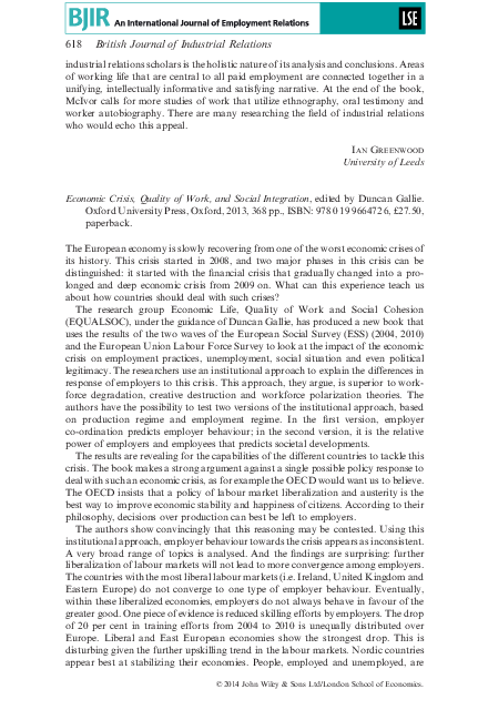 (PDF) Economic Crisis, Quality of Work, and Social Integration: The ...