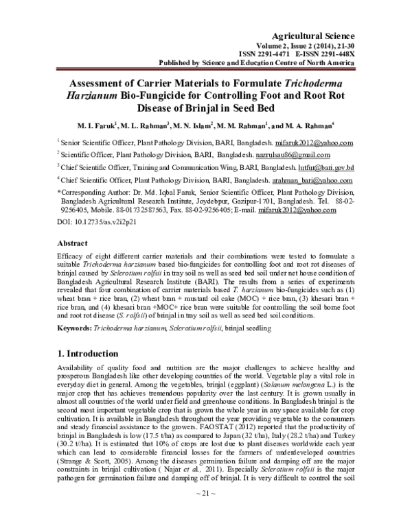 (PDF) Assessment of Carrier Materials to Formulate Trichoderma Harzianum Bio-Fungicide for ...