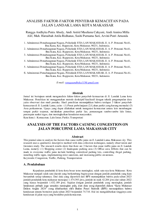 (PDF) ANALISIS FAKTOR-FAKTOR PENYEBAB KEMACETAN PADA JALAN LANDAK LAMA ...