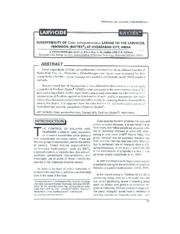 (PDF) Susceptibility of Culex quinquefasciatus Larvae to the Larvicide ...