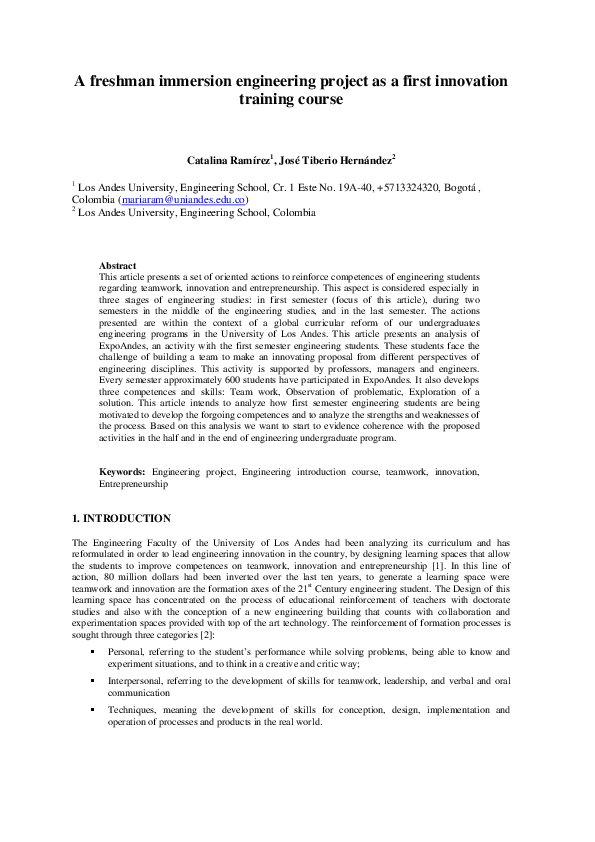 (PDF) A freshman immersion engineering project as a first innovation ...