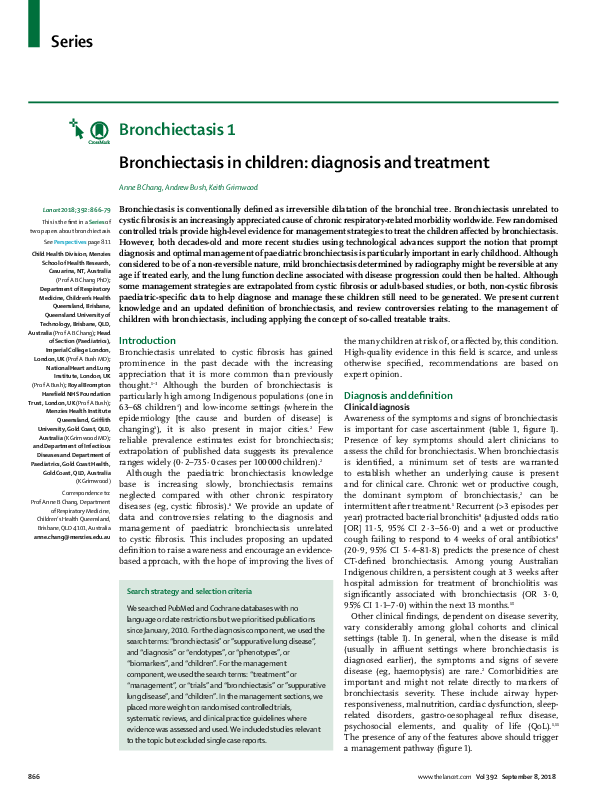 (PDF) Bronchiectasis in children: diagnosis and treatment