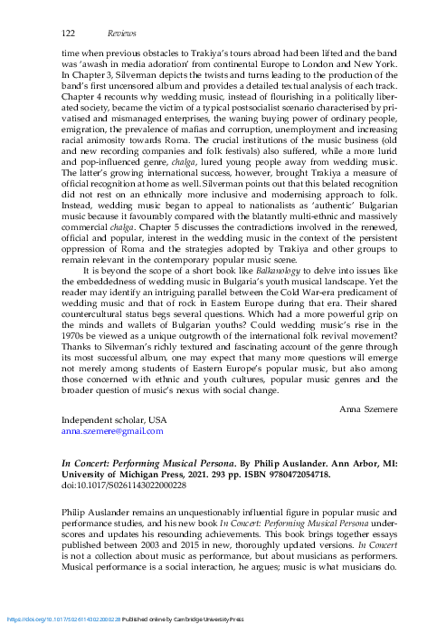 (PDF) In Concert: Performing Musical Persona. By Philip Auslander. Ann ...