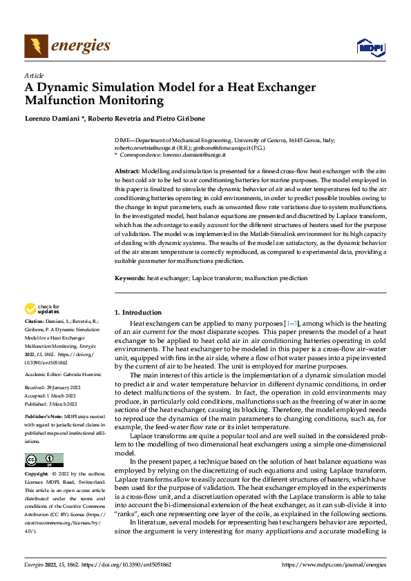 (PDF) A Dynamic Simulation Model for a Heat Exchanger Malfunction Monitoring