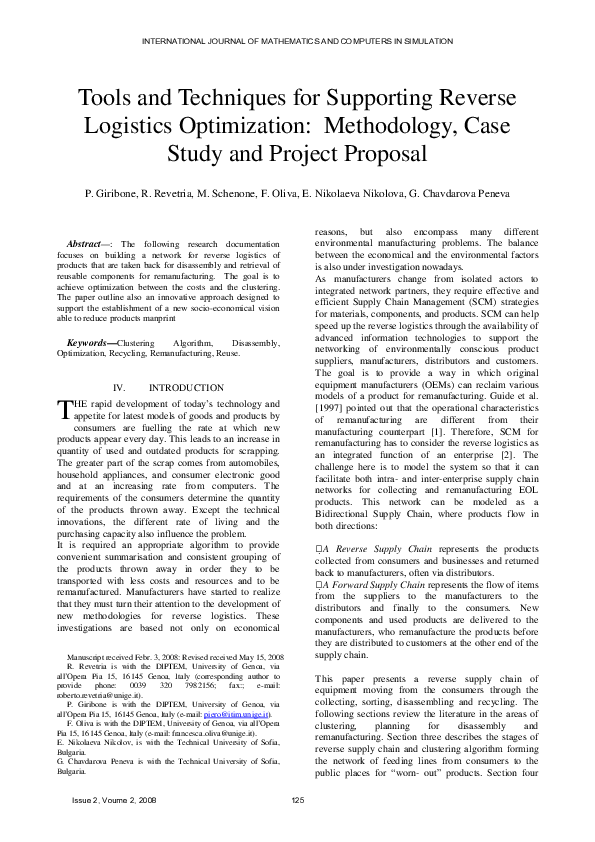 (PDF) Tools and techniques for supporting reverse logistics optimization: methodology, case ...