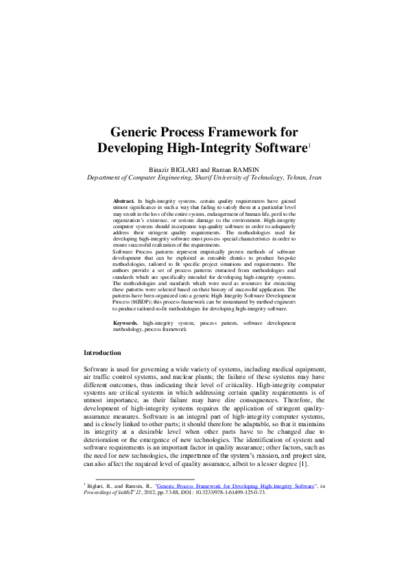 (PDF) Generic Process Framework for Developing High-Integrity Software