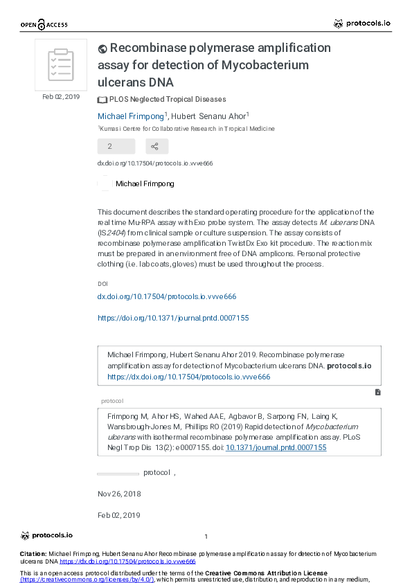 (PDF) Recombinase polymerase amplification assay for detection of Mycobacterium ulcerans DNA v1