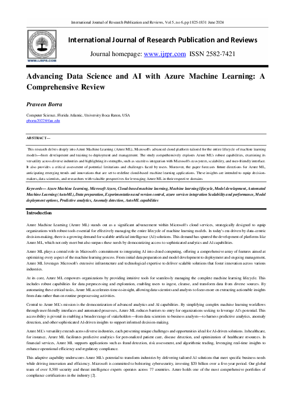 (PDF) Advancing Data Science and AI with Azure Machine Learning: A Comprehensive Review