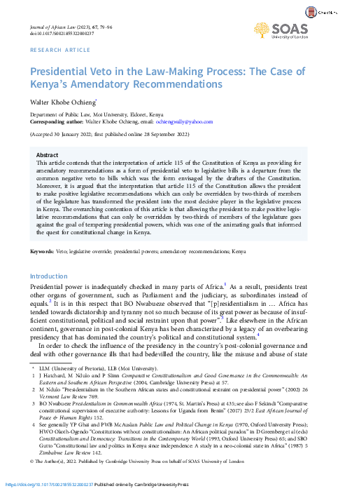 (PDF) Presidential Veto in the Law-Making Process: The Case of Kenya's ...