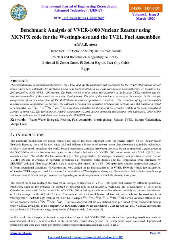 (PDF) Benchmark Analysis of VVER-1000 Nuclear Reactor using MCNPX code for the Westinghouse and ...