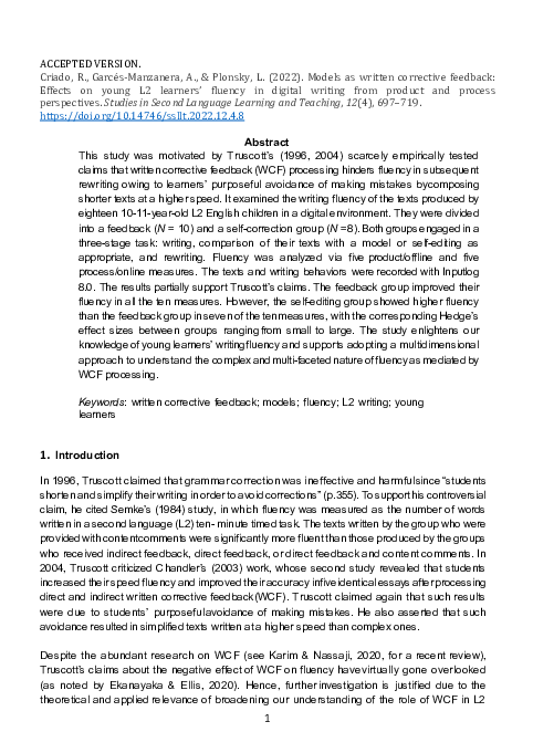 (PDF) Models as written corrective feedback: Effects on young L2 ...