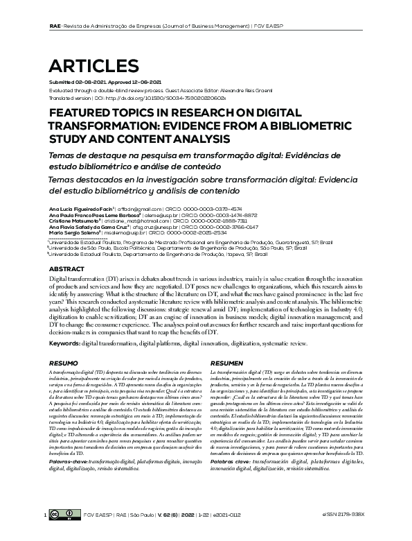 (PDF) Featured Topics in Research on Digital Transformation: Evidence ...