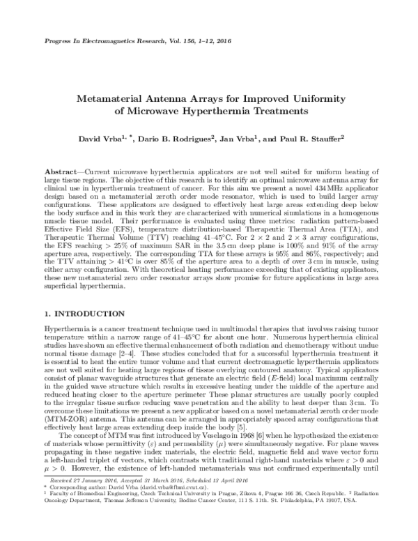 (PDF) Metamaterial Antenna Arrays for Improved Uniformity of Microwave Hyperthermia Treatments