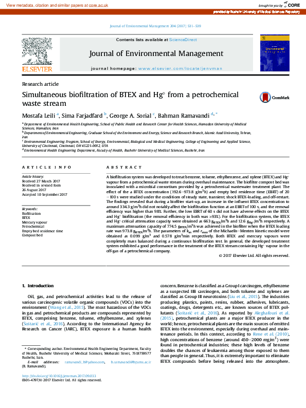 (PDF) Simultaneous biofiltration of BTEX and Hg° from a petrochemical waste stream