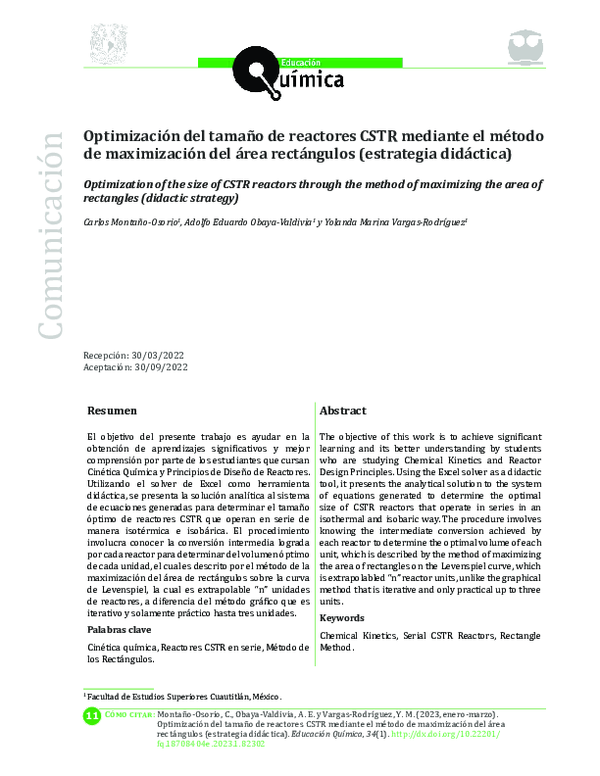 (PDF) Optimización del tamaño de reactores CSTR mediante el método de maximización del área ...