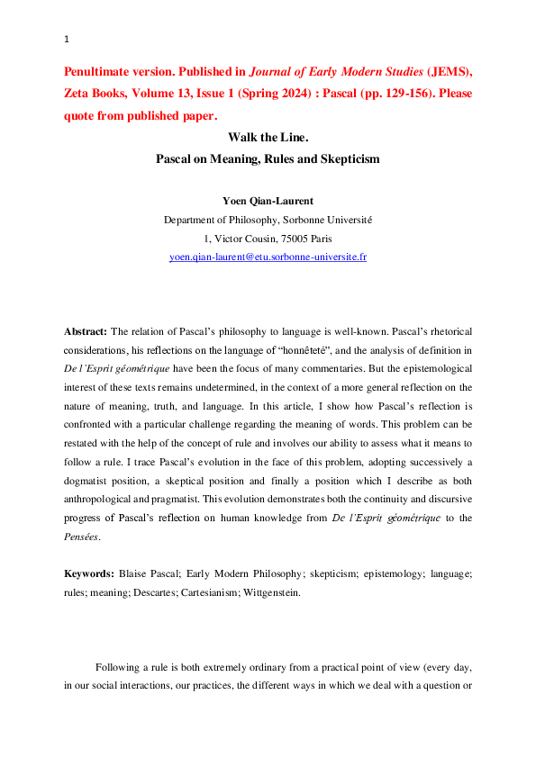 (PDF) Walk the Line. Pascal on Meaning, Rules and Skepticism