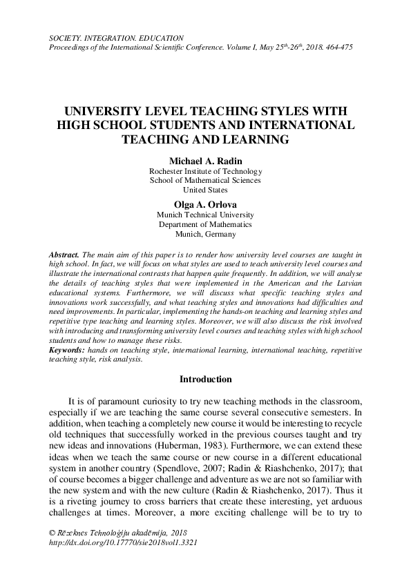(PDF) University Level Teaching Styles with High School Students and ...