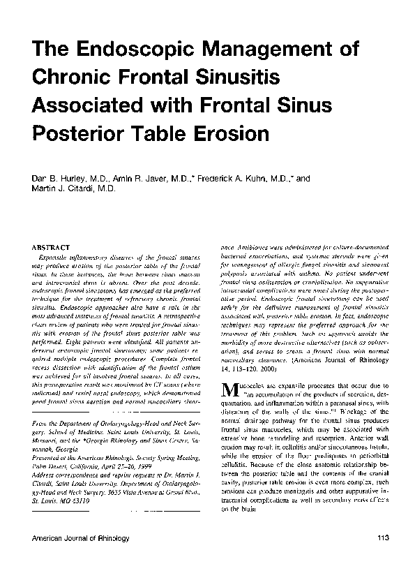 (PDF) The Endoscopic Management of Chronic Frontal Sinusitis Associated ...