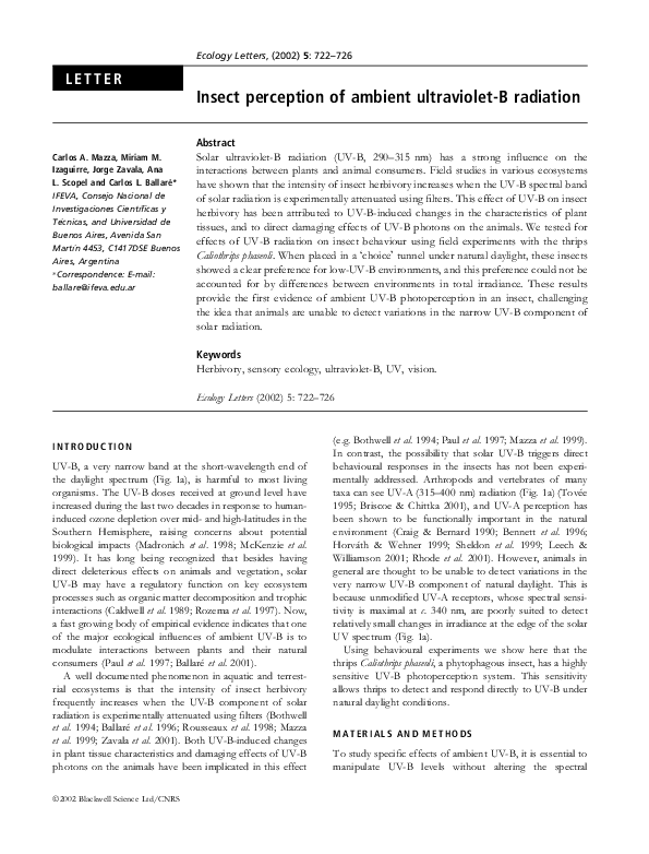 (PDF) Insect perception of ambient ultraviolet‐B radiation
