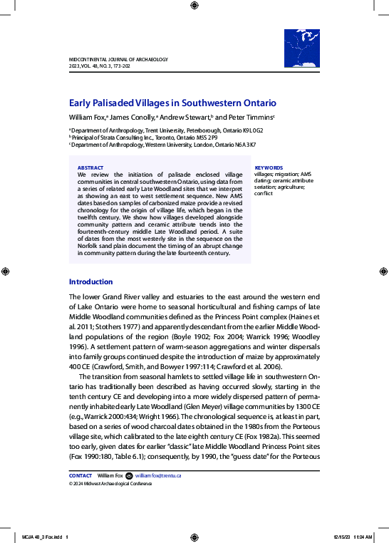 (PDF) Early Palisaded Villages in Southwestern Ontario