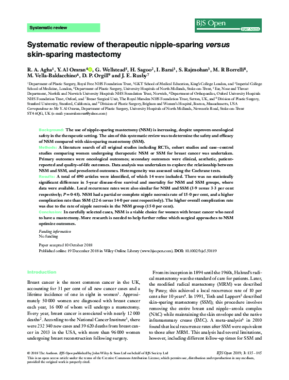 (PDF) Systematic review of therapeutic nipple‐sparingversusskin‐sparing ...