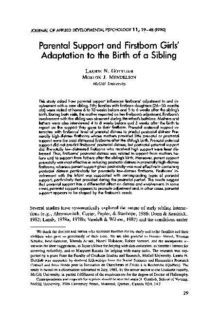 (PDF) Parental support and firstborn girls' adaptation to the birth of ...