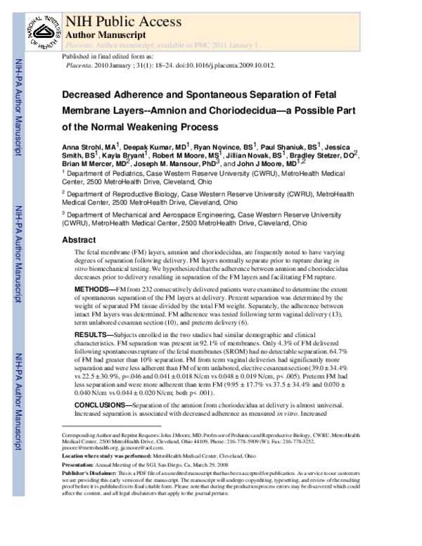 (PDF) Decreased adherence and spontaneous separation of fetal membrane ...
