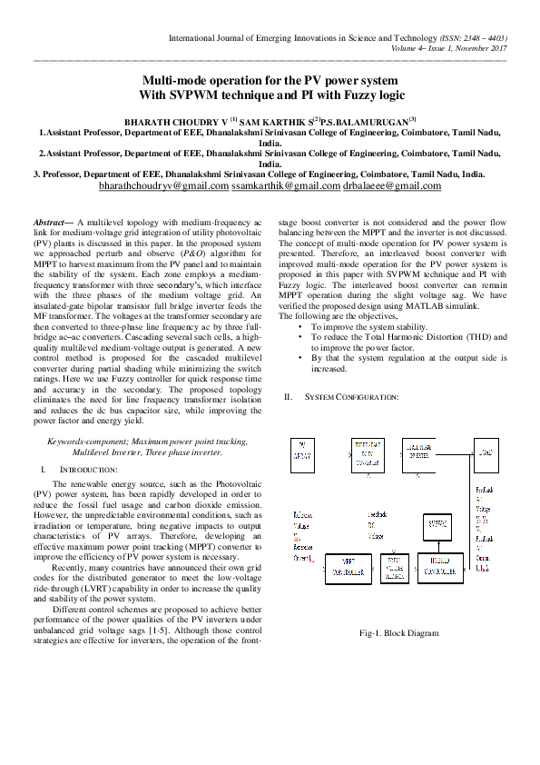 (PDF) Multi-mode operation for the PV power system With SVPWM technique and PI with Fuzzy logic