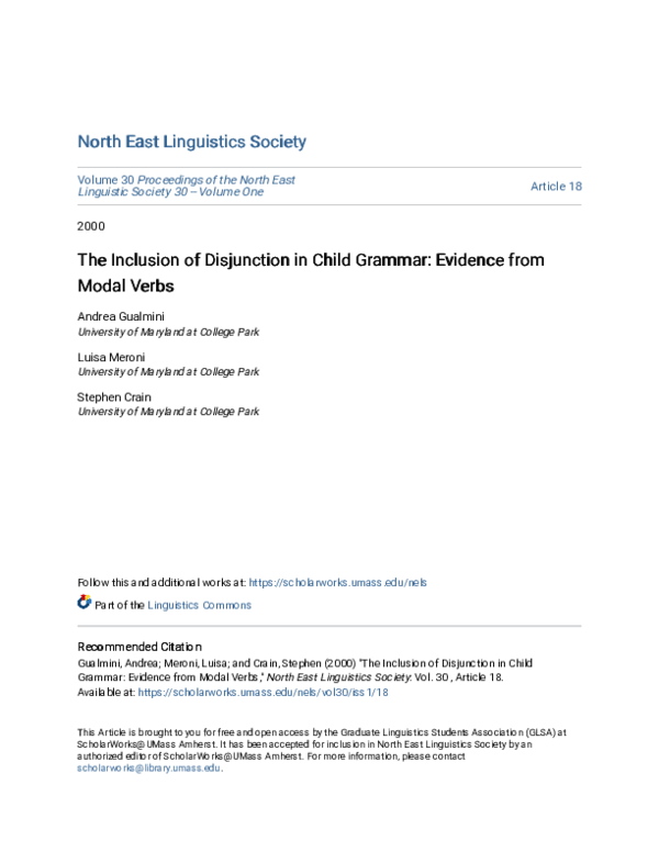 (PDF) The Inclusion of Disjunction in Child Grammar: Evidence from Modal Verbs