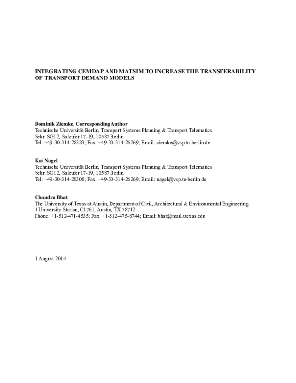 (PDF) Integrating CEMDAP and MATSIM to Increase the Transferability of ...