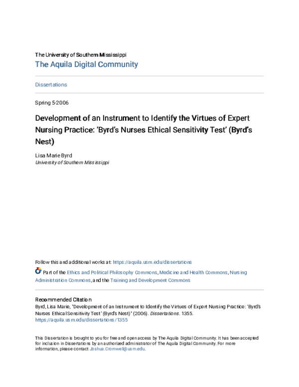 (PDF) Development of an Instrument to Identify the Virtues of Expert Nursing Practice: ‘Byrd’s ...