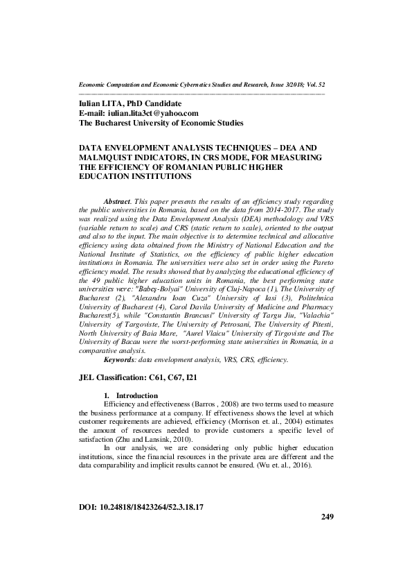 (PDF) Data Envelopment Analysis Techniques – DEA and Malmquist Indicators, in CRS Mode, for ...
