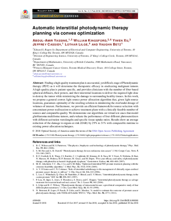 (PDF) Automatic interstitial photodynamic therapy planning via convex optimization