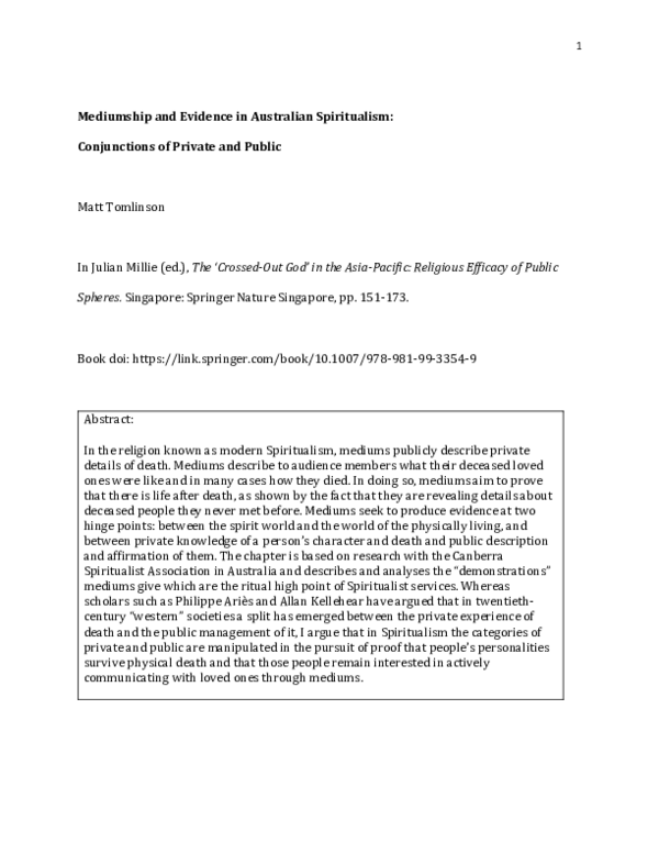 (PDF) Mediumship and Evidence in Australian Spiritualism: Conjunctions ...
