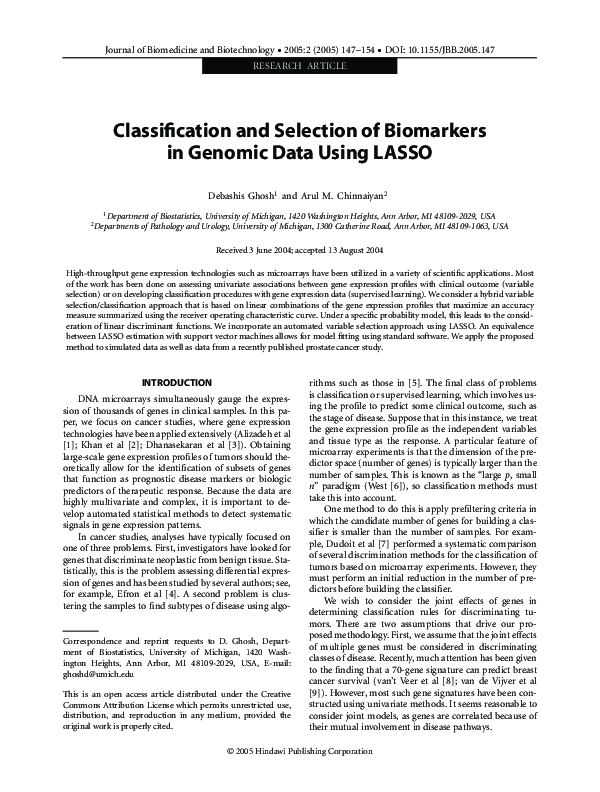 (PDF) Classification and Selection of Biomarkers in Genomic Data Using LASSO
