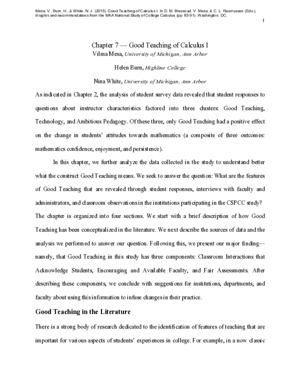 (PDF) Good Teaching of Calculus I