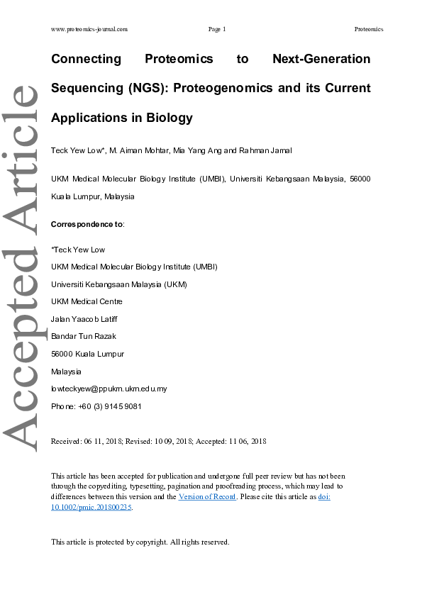 (PDF) Connecting Proteomics to Next‐Generation Sequencing: Proteogenomics and Its Current ...