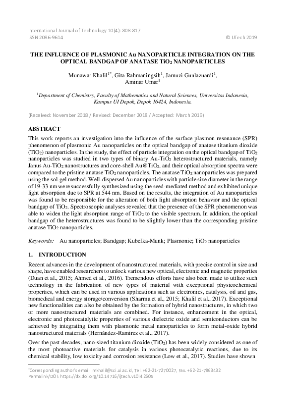 (PDF) The Influence of Plasmonic Au Nanoparticle Integration on the Optical Bandgap of Anatase ...