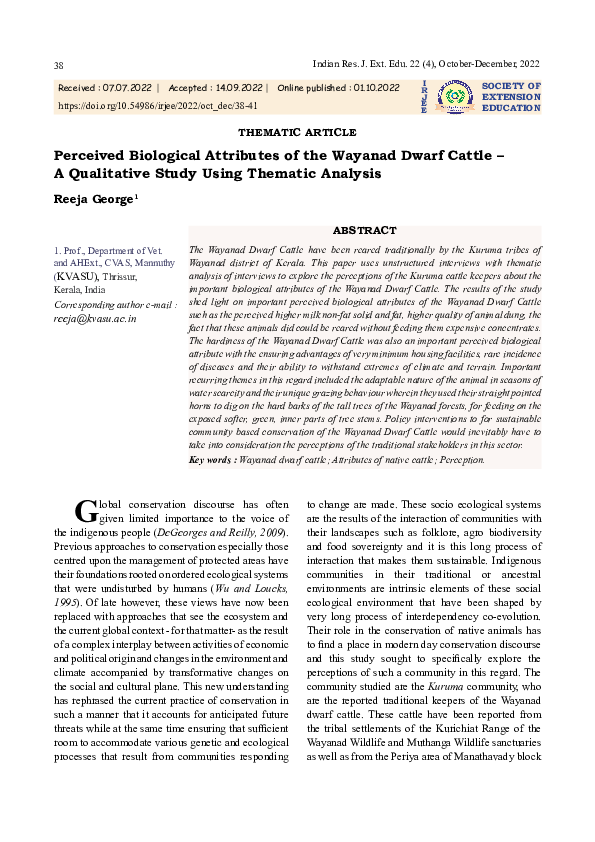 (PDF) Perceived Biological Attributes of the Wayanad Dwarf Cattle – A ...