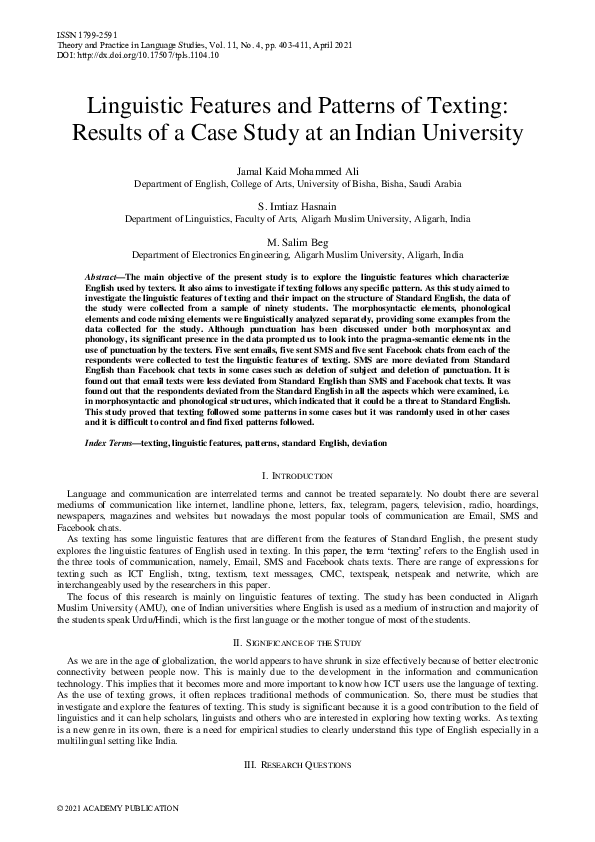 (PDF) Linguistic Features and Patterns of Texting: Results of a Case Study at an Indian University