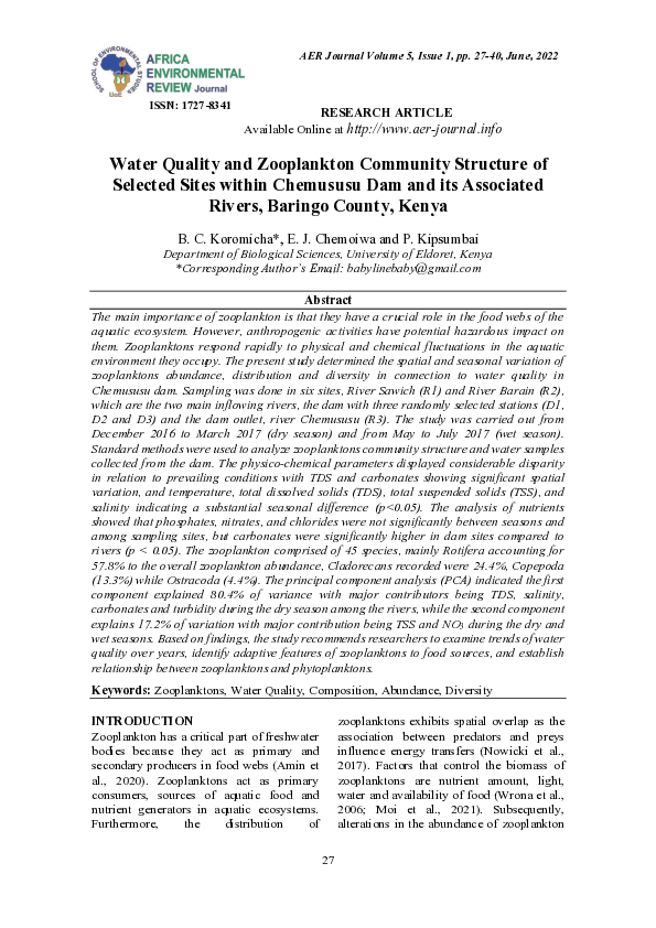 Water Quality and Zooplankton Community Structure of Selected Sites ...