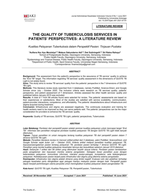 (PDF) THE QUALITY OF TUBERCULOSIS SERVICES IN PATIENTS’ PERSPECTIVES: A ...