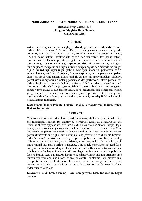 (PDF) PERBANDINGAN HUKUM PERDATA DENGAN HUKUM PIDANA