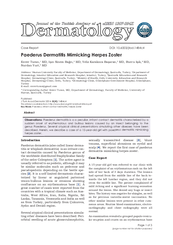 (PDF) Paederus Dermatitis Mimicking Herpes Zoster