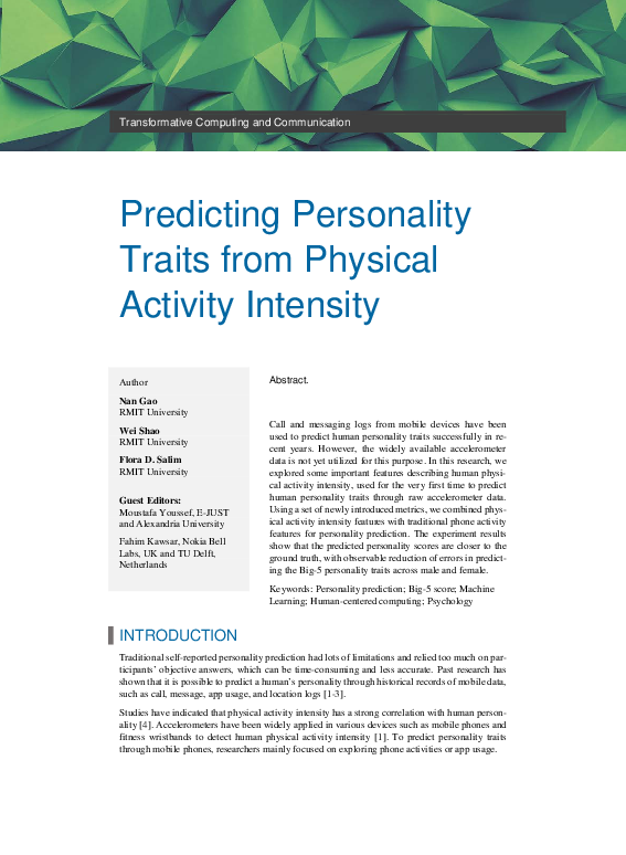 (PDF) Predicting Personality Traits From Physical Activity Intensity
