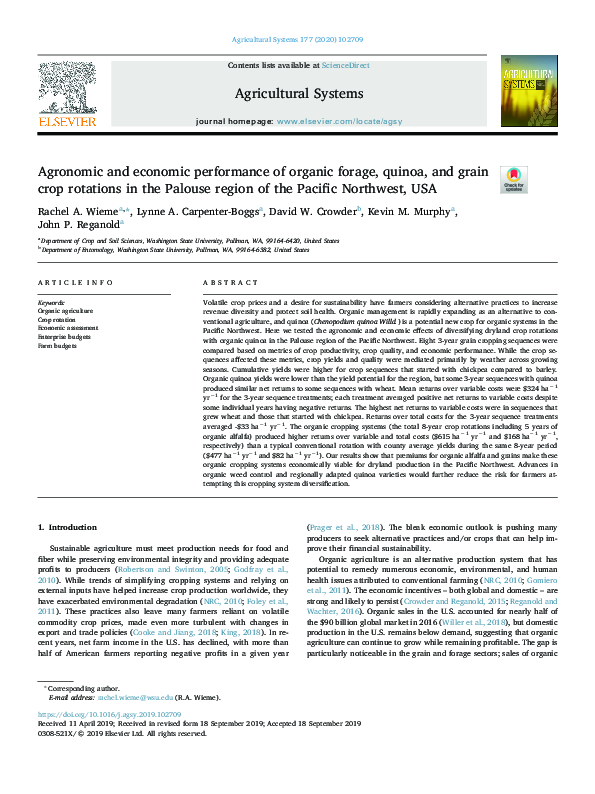 (PDF) Agronomic and economic performance of organic forage, quinoa, and ...