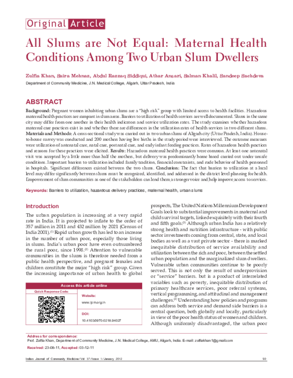 (PDF) All slums are not equal: Maternal health conditions among two ...