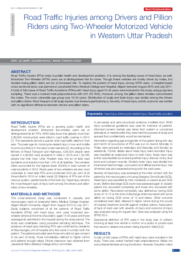 (PDF) Road Traffic Injuries among Drivers and Pillion Riders using Two ...